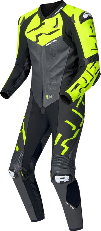 Richa Stradale GP One Piece Motorcycle Leather Suit black/grey/yellow ...
